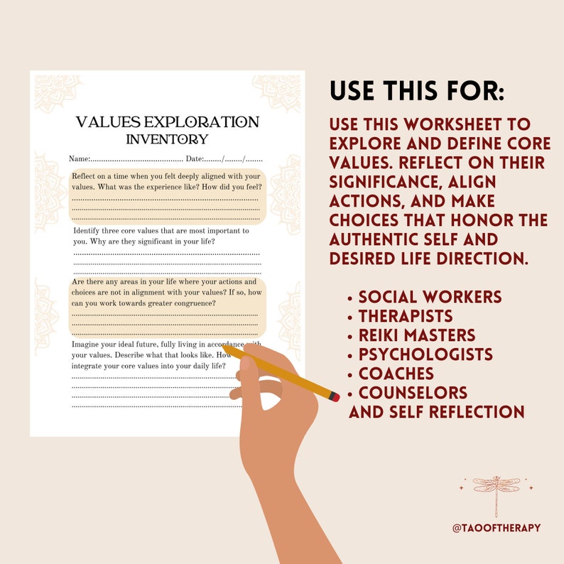 Values Inventory Therapy Worksheet Mental Health Printable Psychology ...