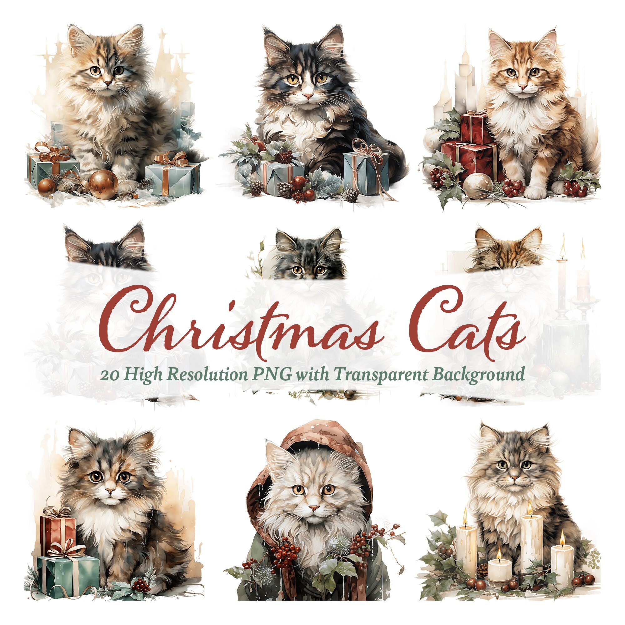 Christmas Watercolour Cats Clipart 20 PNG High Res 40964096 Px ...