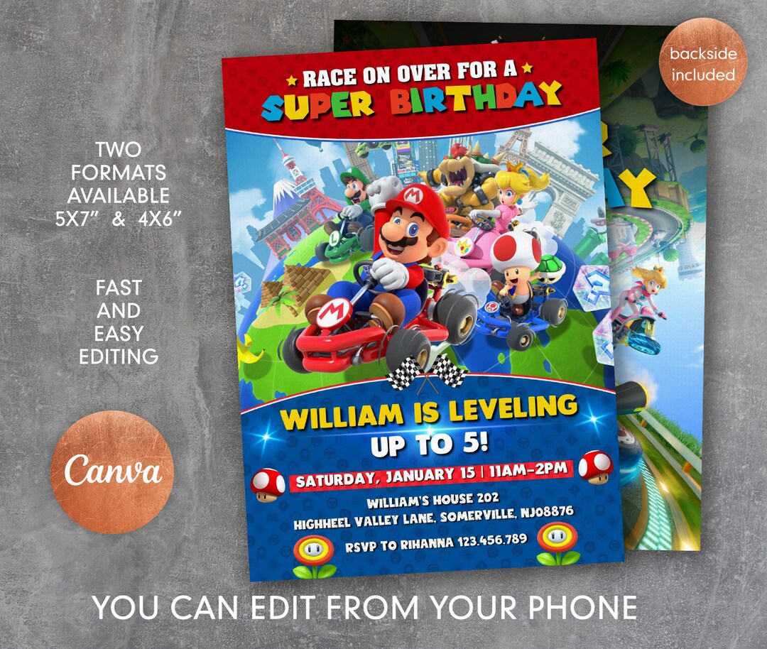 Printable Mario Kart Invitation, Go Kart Birthday Invite, Editable Invitation, Girl Birthday ...