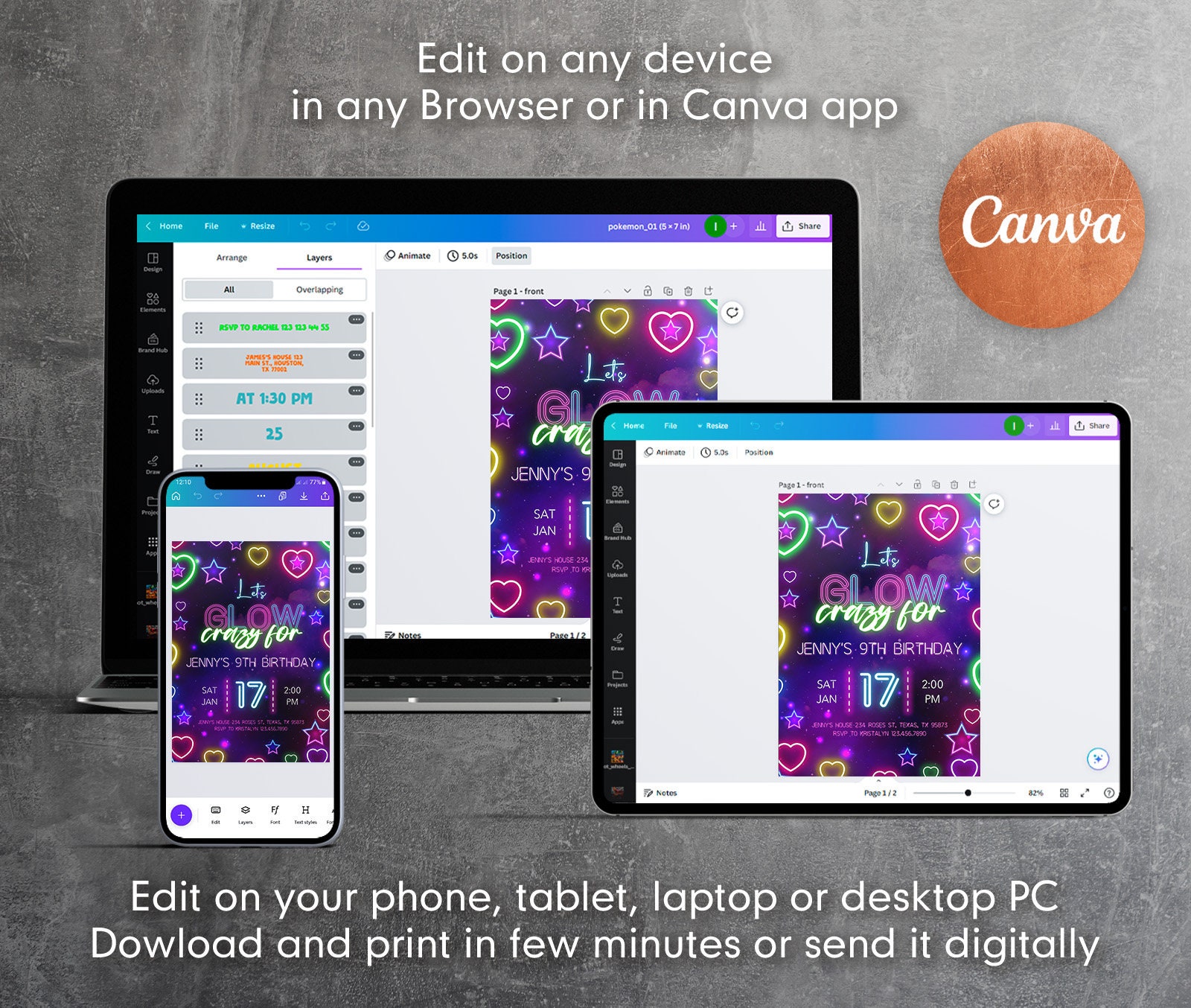 Printable Editable Glow Party Birthday Invitation, Glow Crazy Invite ...