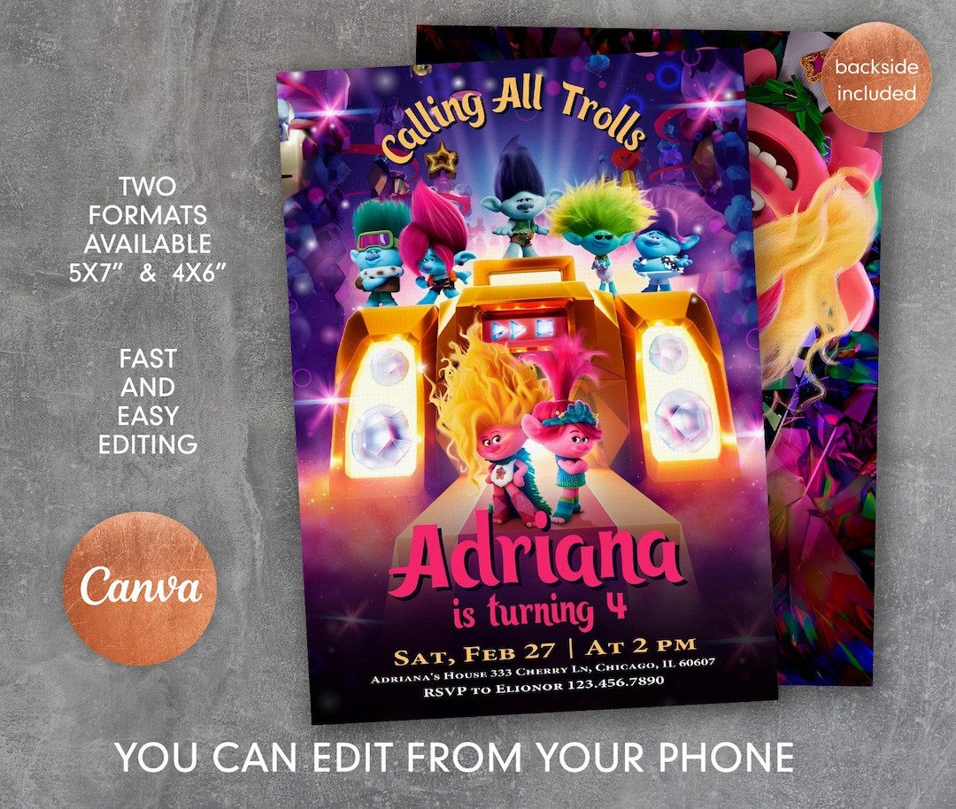 Editable Trolls Birthday Invitation: Poppy Party Template (digital ...