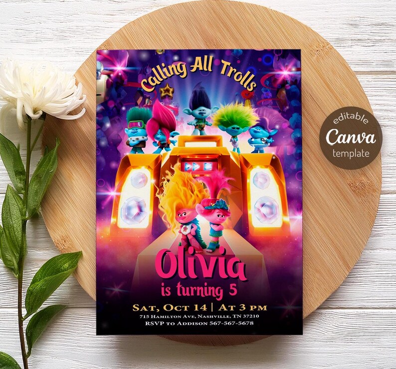 Editable Trolls Birthday Invitation: Poppy Party Template (digital ...