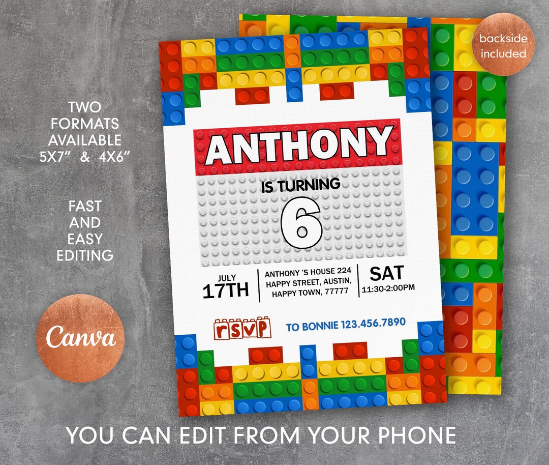 Building Blocks Invitation, Building Blocks Invite, Printable Editable ...