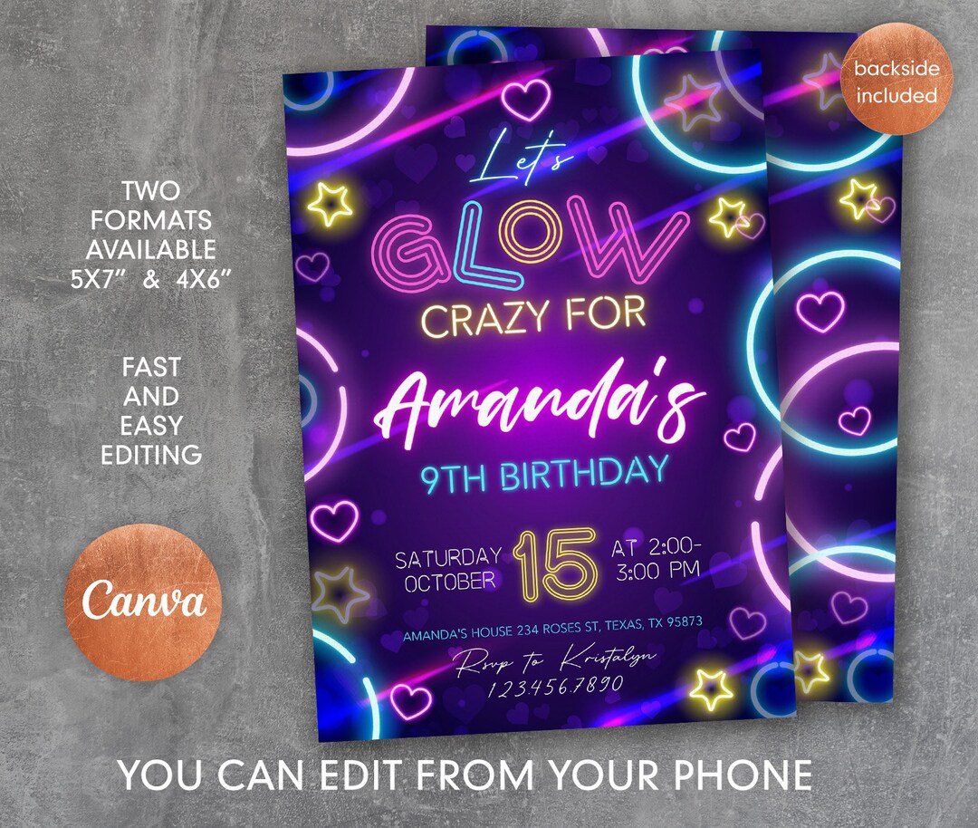Printable Editable Glow Party Birthday Invitation, Glow Crazy Invite ...