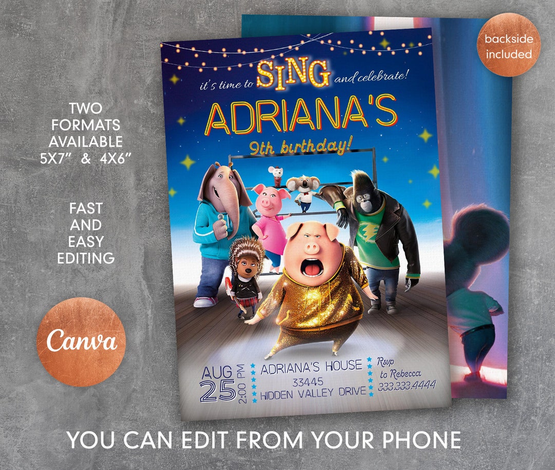 Editable Singer Invitation, Printable Sing 2 Birthday Invitation ...