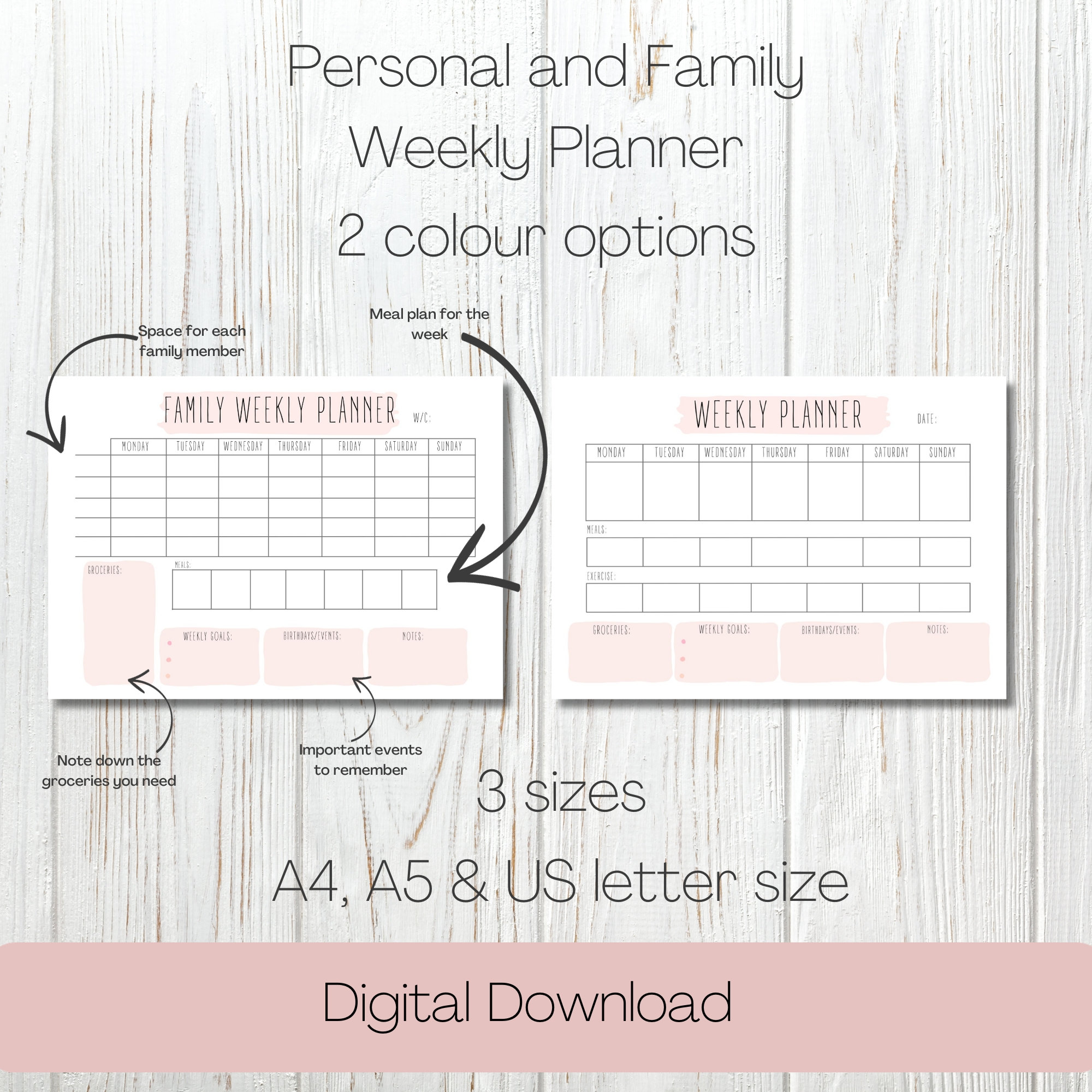 Personal Weekly Planner and Family Weekly Planner, Printable Template ...