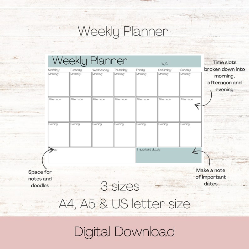 Printable Weekly Planner Template: A4, A5, US Letter (digital Download ...