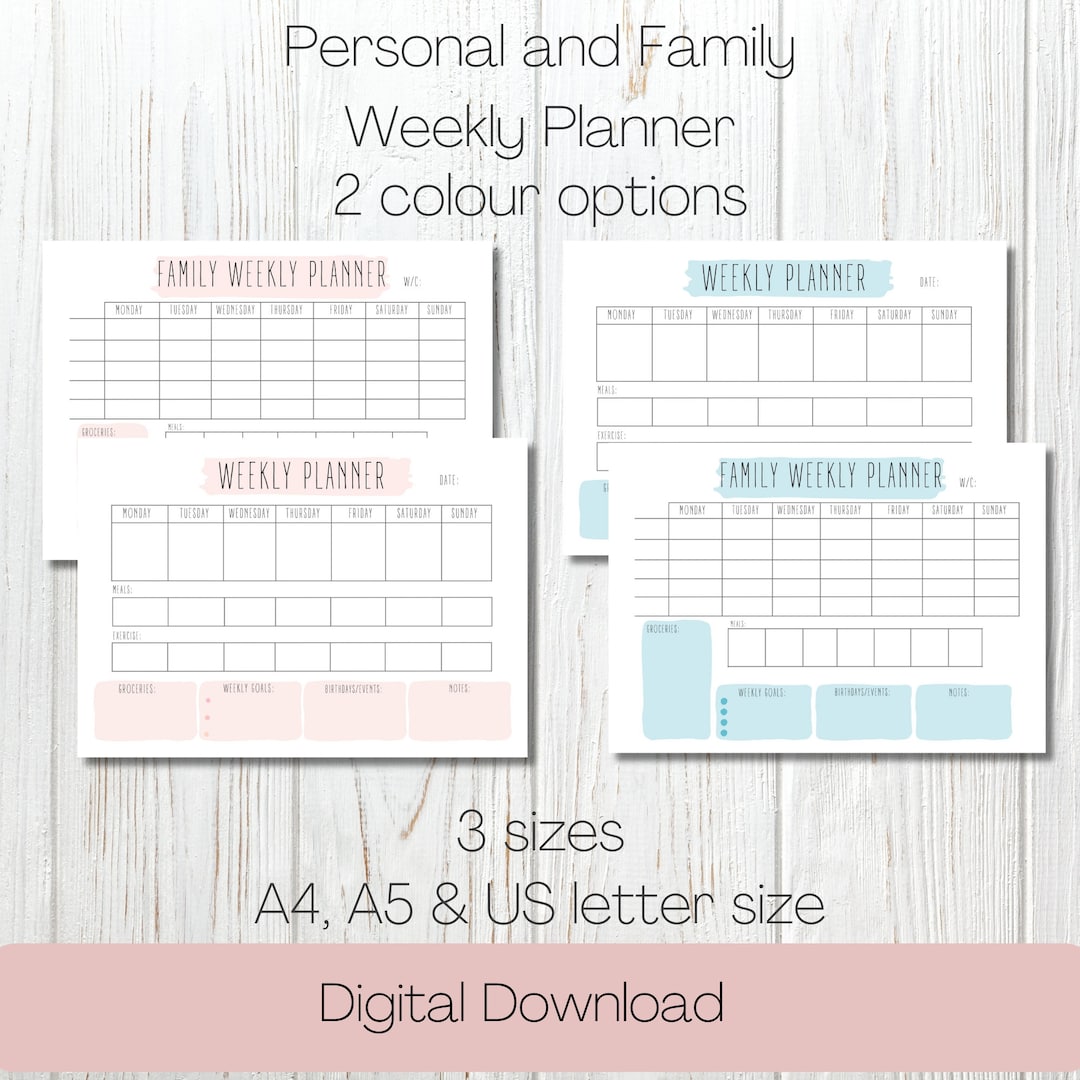 Personal Weekly Planner and Family Weekly Planner, Printable Template ...