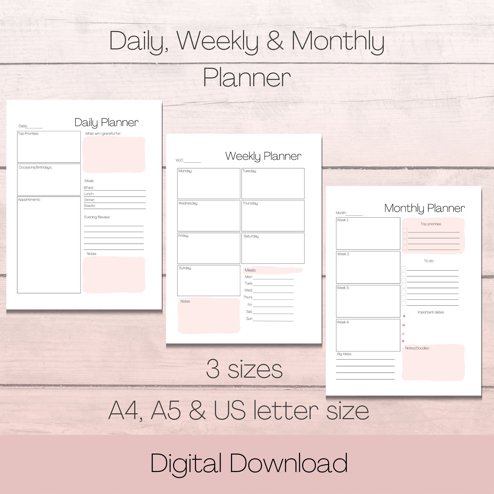 Daily Weekly and Monthly Printable Planner, Printable Planner, Daily ...