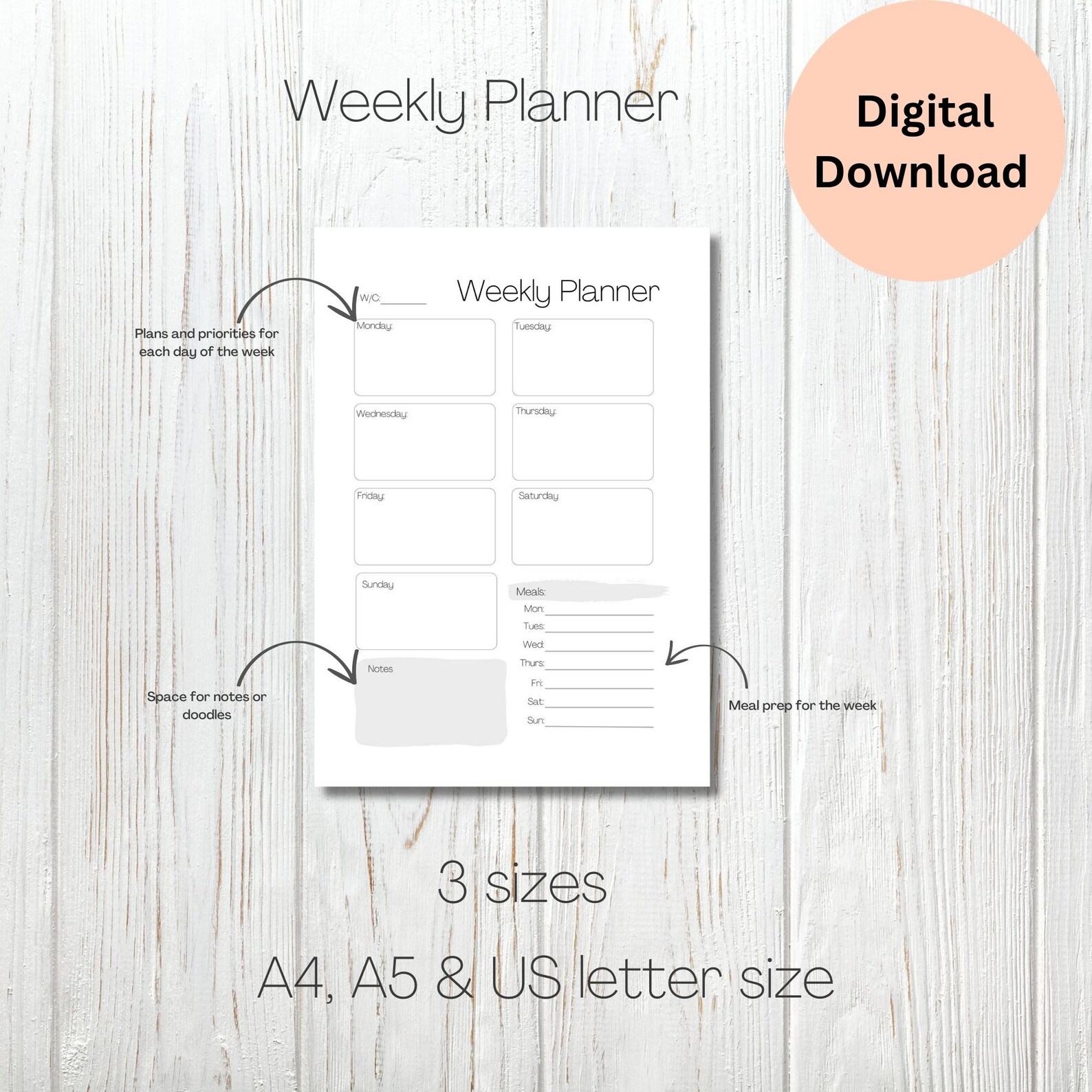 Printable Planner Bundle: Daily, Weekly, Monthly (A4, A5, US Letter ...