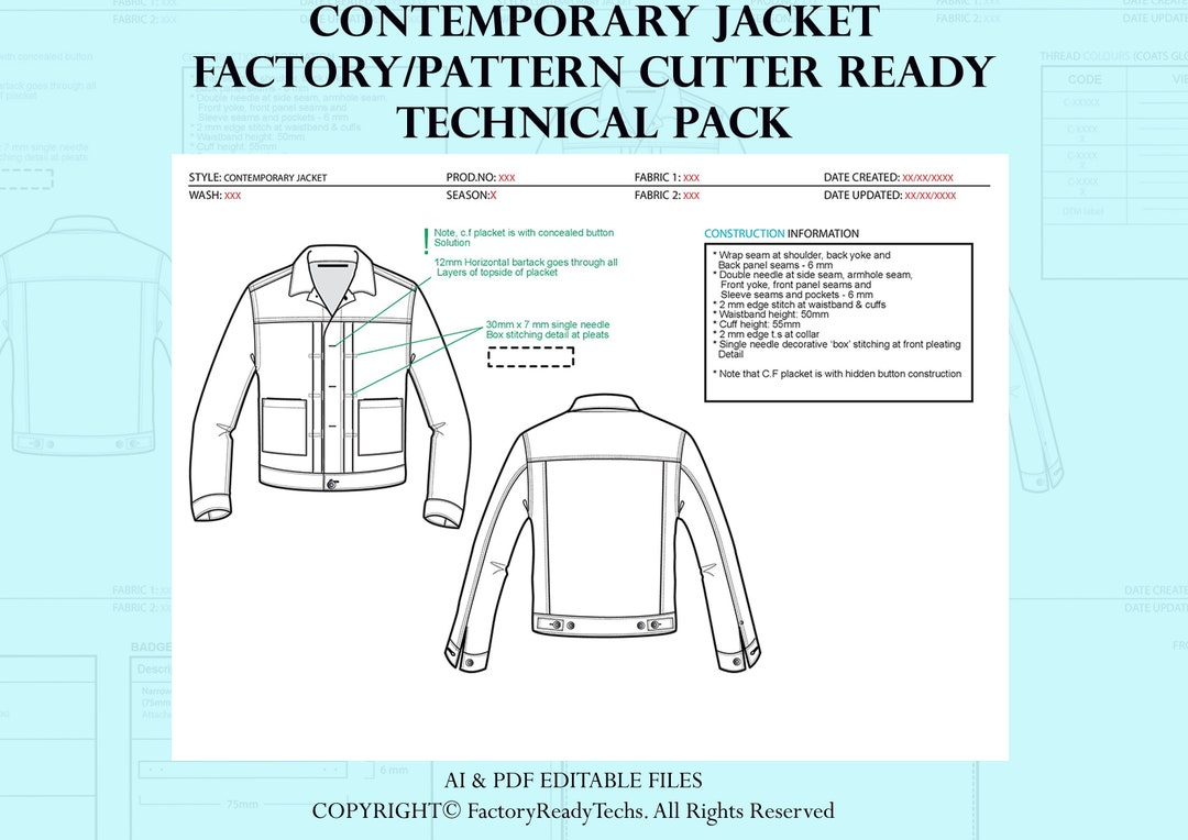 Contemporary Jacket Factory / Pattern Cutter Ready Technical Pack - Etsy