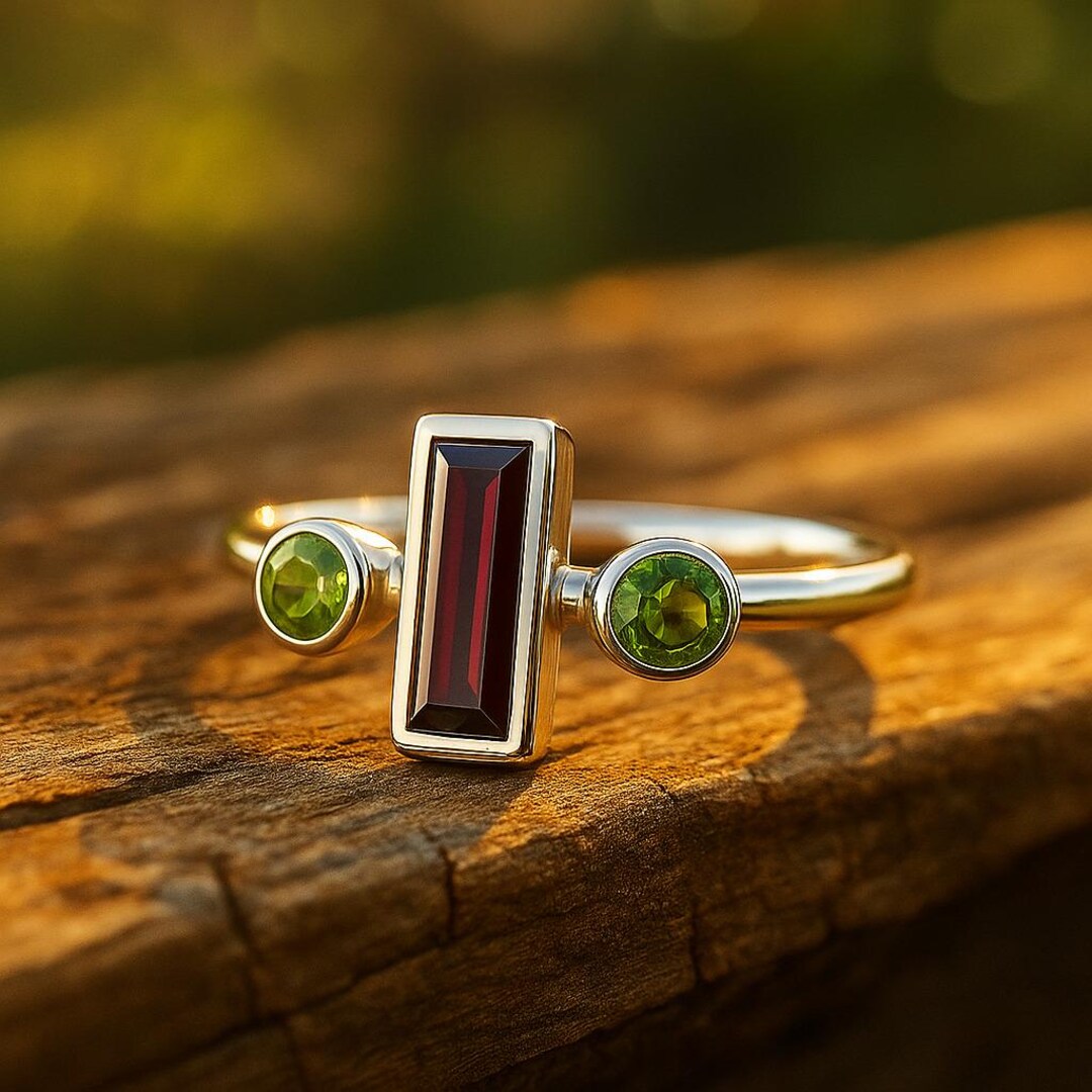 Minimalistic Garnet and Peridot Ring: 925 Sterling Silver, Red With ...