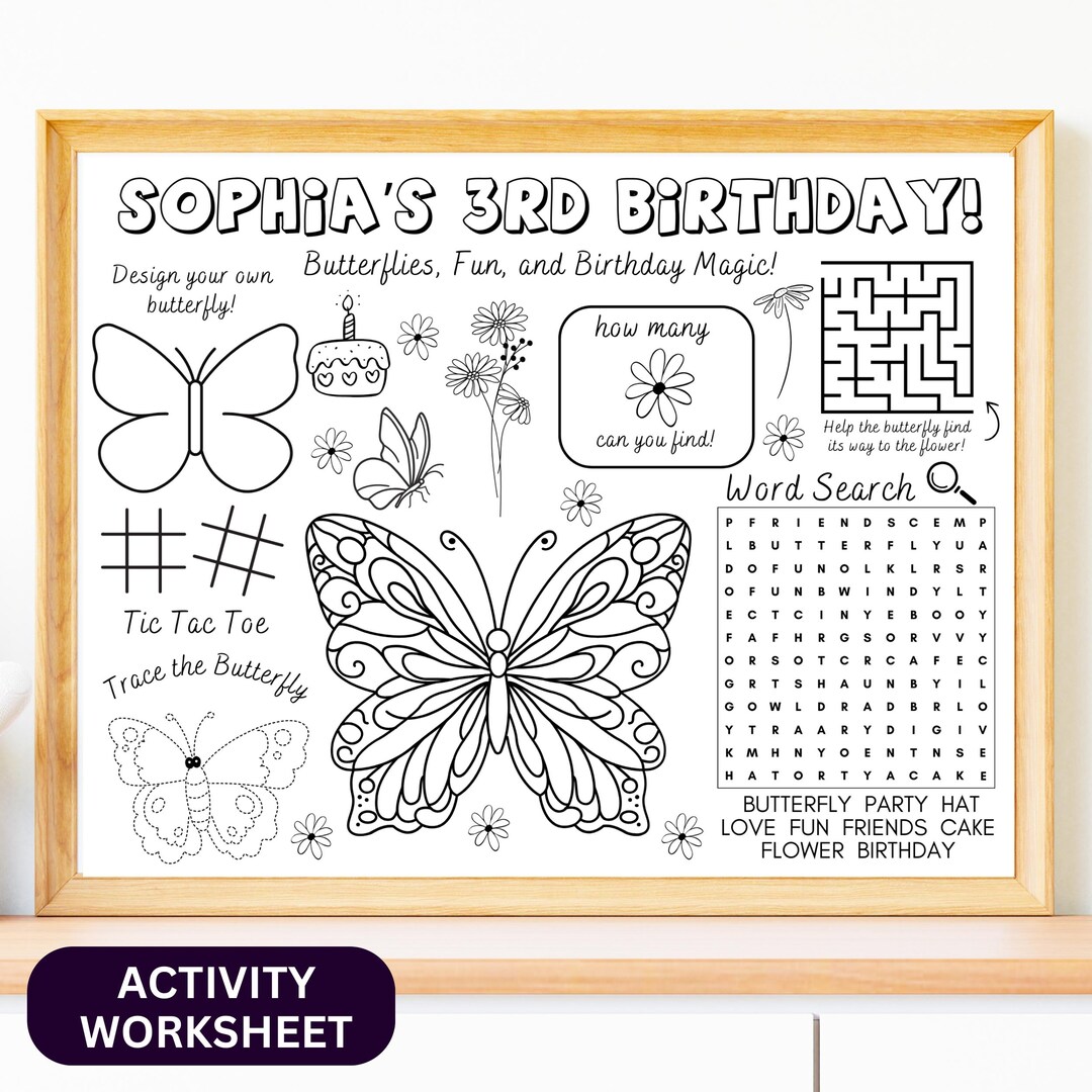 Butterfly Birthday Party Activity Sheet - Personalized Butterfly ...