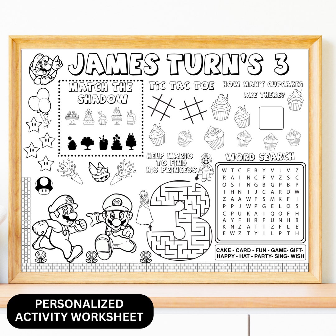 Party Favor Gaming Brothers Party Activity Sheet Party Placemat Mario ...