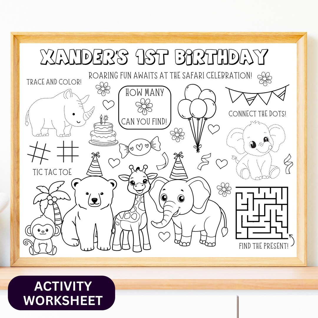 Zoo Safari Birthday Party Activity Sheet | Zoo Animal Coloring Placemat ...