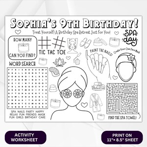 Spa Birthday Party Activity Sheet: Kids Coloring Placemat (digital ...