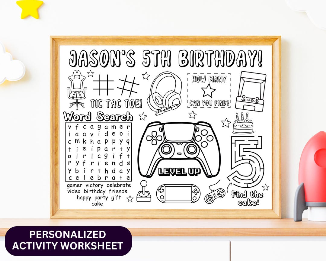 Gaming Birthday Party Activity Sheet - Personalized Video Game Coloring ...