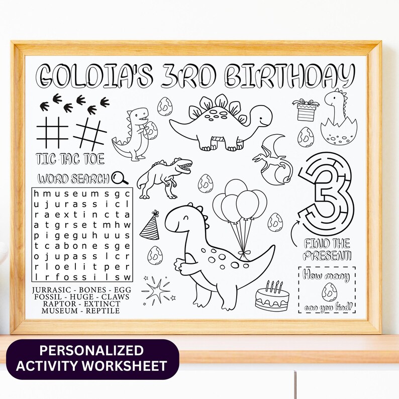 Dinosaur Birthday Activity Sheet Dinosaur Theme Party Favor Dinosaur ...