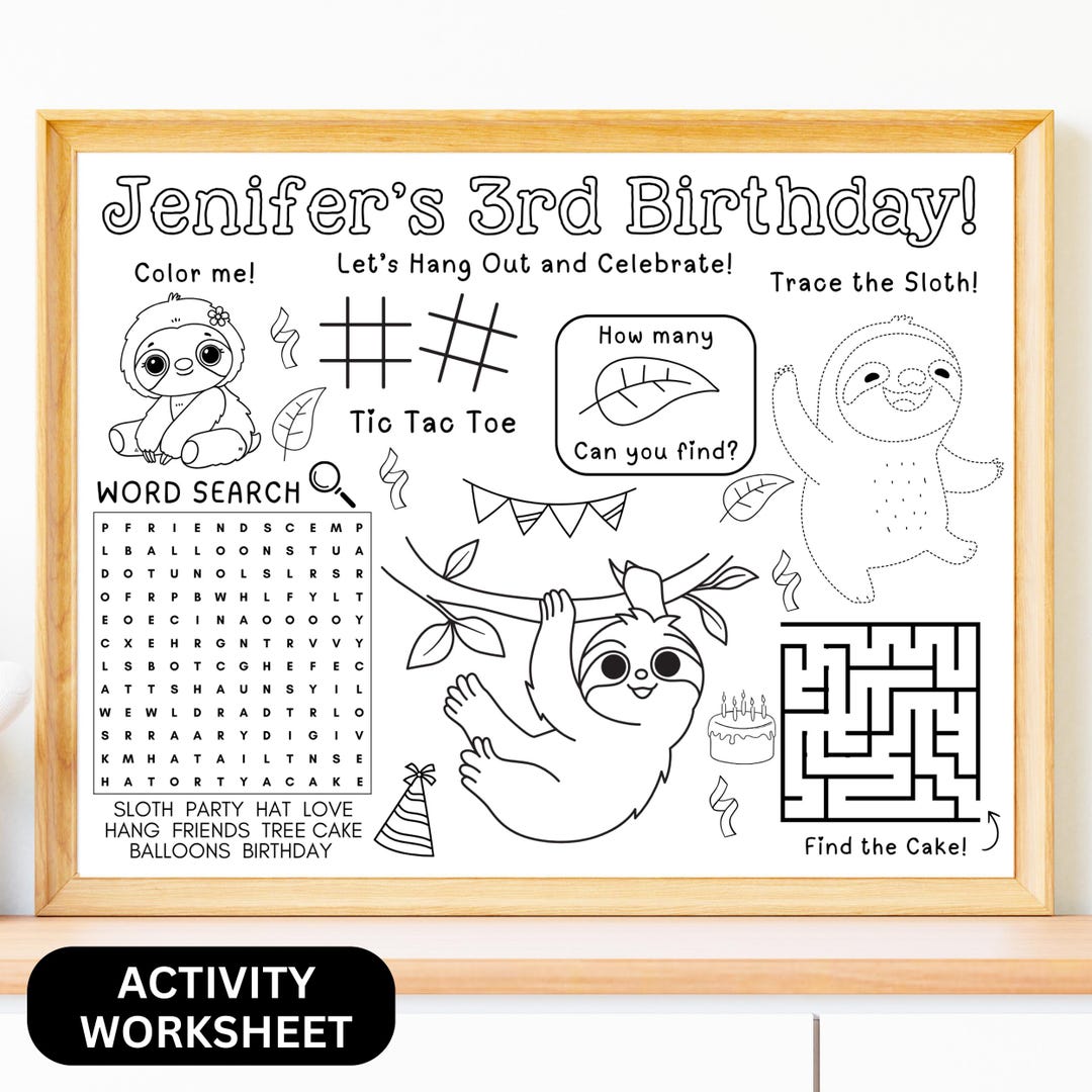 Sloth Birthday Party Activity Sheet: Personalized Coloring Placemat ...