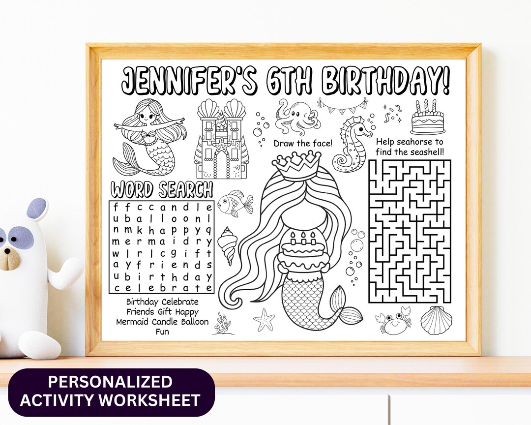 Mermaid Birthday Party Activity Sheet, Under the Sea Coloring Placemat ...