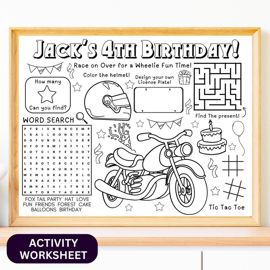 Motorcycle Birthday Party Activity Sheet | Motorbike Coloring Page ...