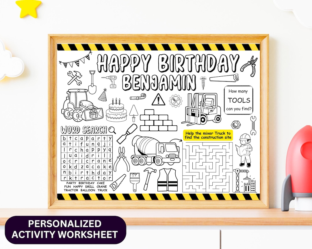 Personalized Construction Birthday Activity Sheet, Kids Coloring Page ...