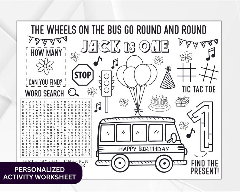 Bus-themed Birthday Party Activity Sheet, Wheels on the Bus Party Favor ...