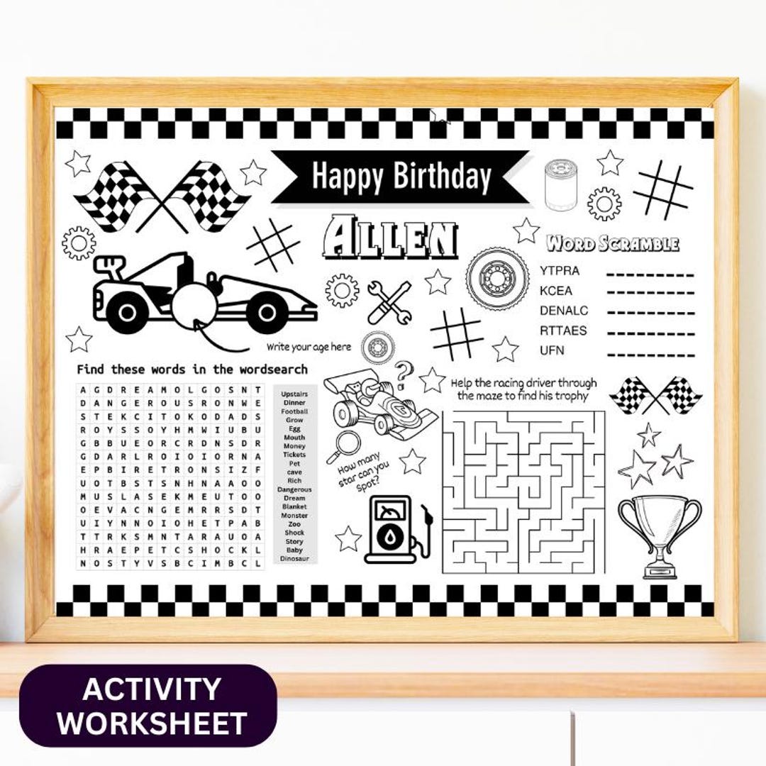 Racing Car Activity Sheet, Car Party Placemat, Printable Racecar ...