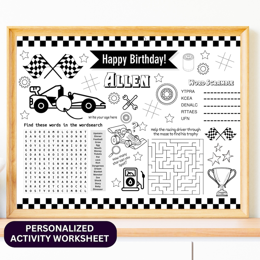 Editable Racing Car Party Placemat Printable Formula 1 Party Coloring ...