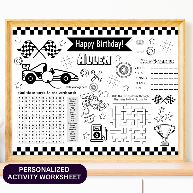 Editable Racing Car Party Placemat Printable Formula 1 Party Coloring ...