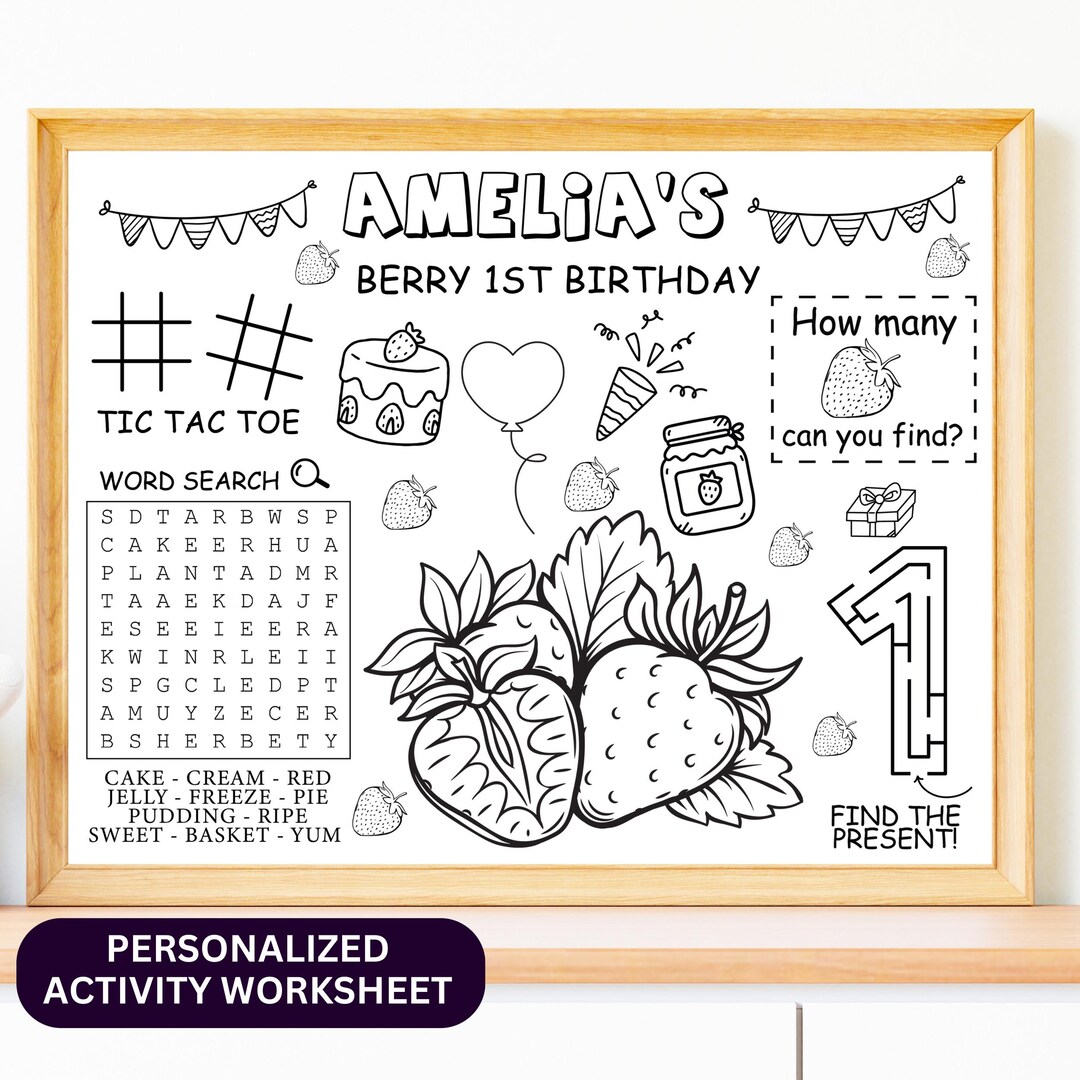Personalized Birthday Party Activity Sheet, Strawberry Coloring Sheet ...