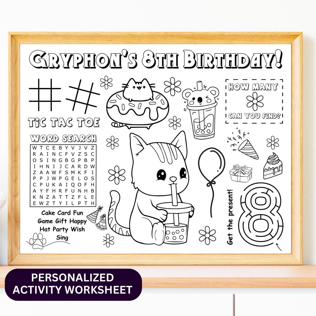 Party Favor, Cat Rainbow Birthday Party Activity Sheet Cat Desserts ...