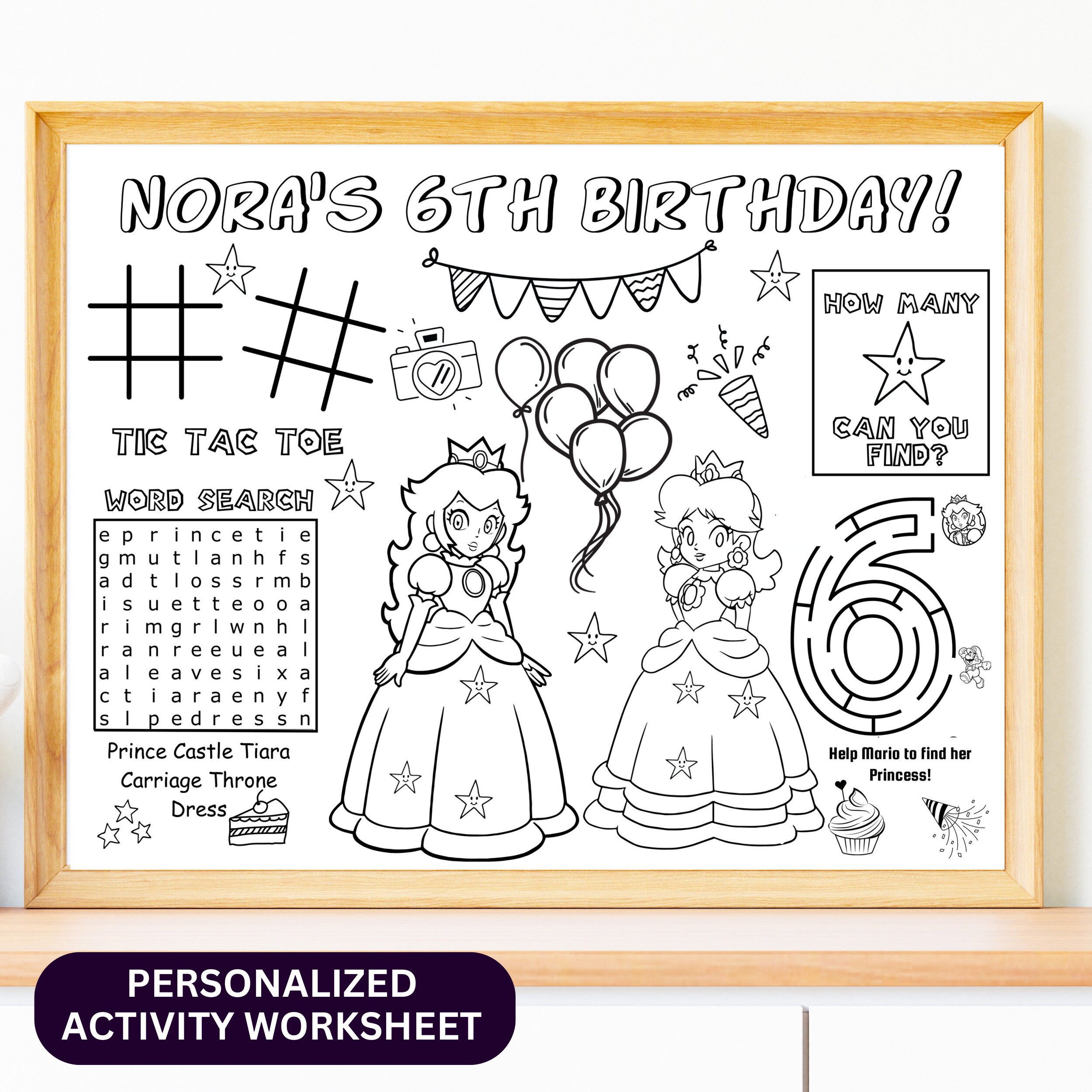 Princesses Party Activity Sheet Party Placemat Mario Birthday Party ...