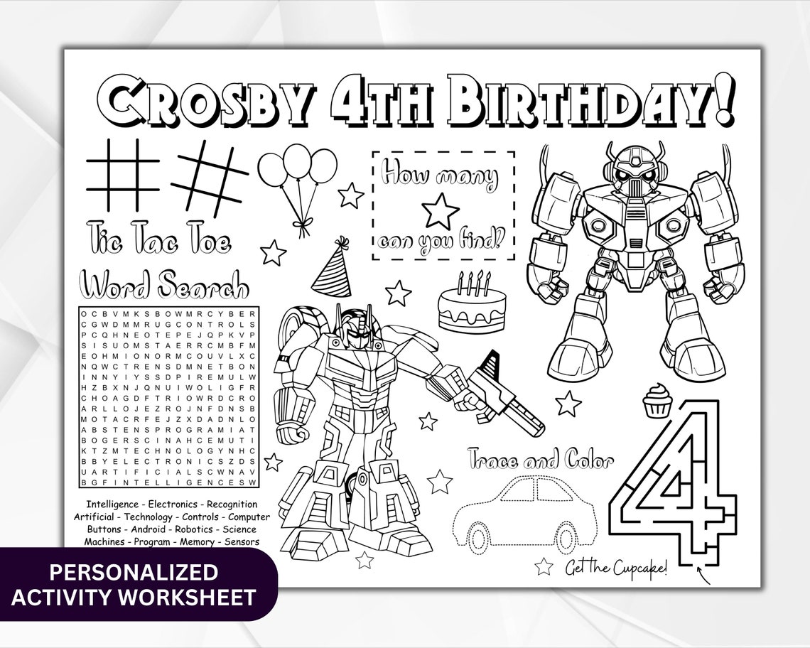 Robot Birthday Party Activity Sheet Robot Party Favor Autobots Theme ...