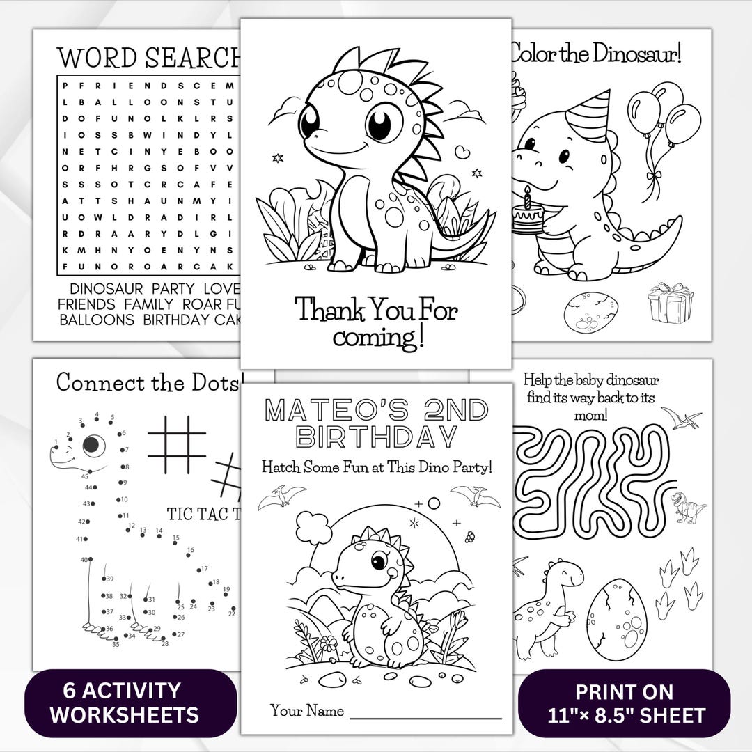 Dinosaur Birthday Party Coloring Activity Book, Dino Party Favor, Kids ...