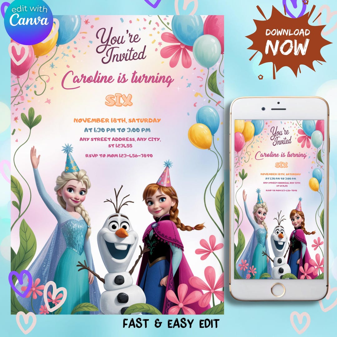Frozen Birthday Invitation: Anna, Elsa, Olaf, Canva Template (digital ...