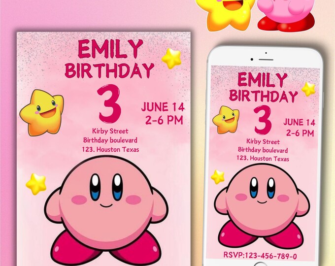 Kirby Birthday Invitation, Kirby Digital Invitation, Kids Party ...