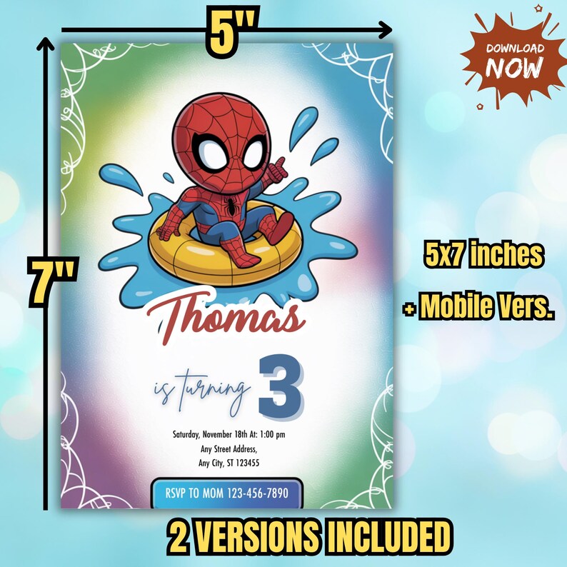 Spider-man Pool Party Invitation: Superhero Birthday Template (digital ...