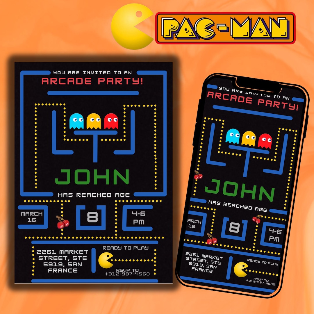 Editable Pac Man Birthday Invitation, Printable Retro Arcade Game ...