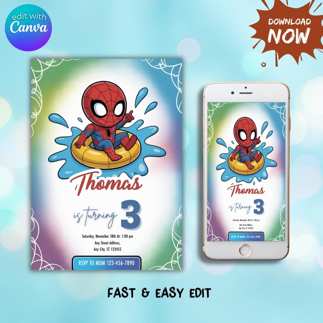 Spider-man Pool Party Invitation: Superhero Birthday Template (digital ...