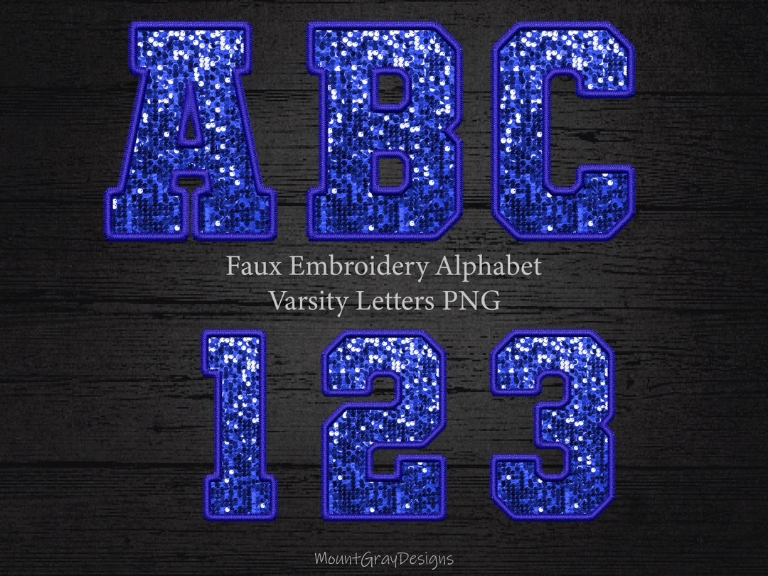 Faux Embroidery Letters PNG Set, Blue Sequin, Varsity Letters, Digital ...