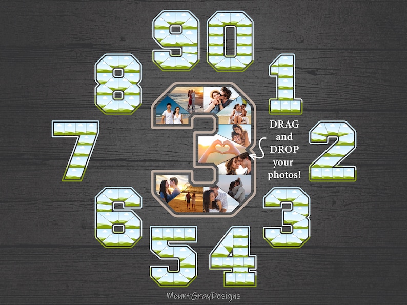 Number Photo Collage Template, Editable Canva Frames, Custom Picture ...