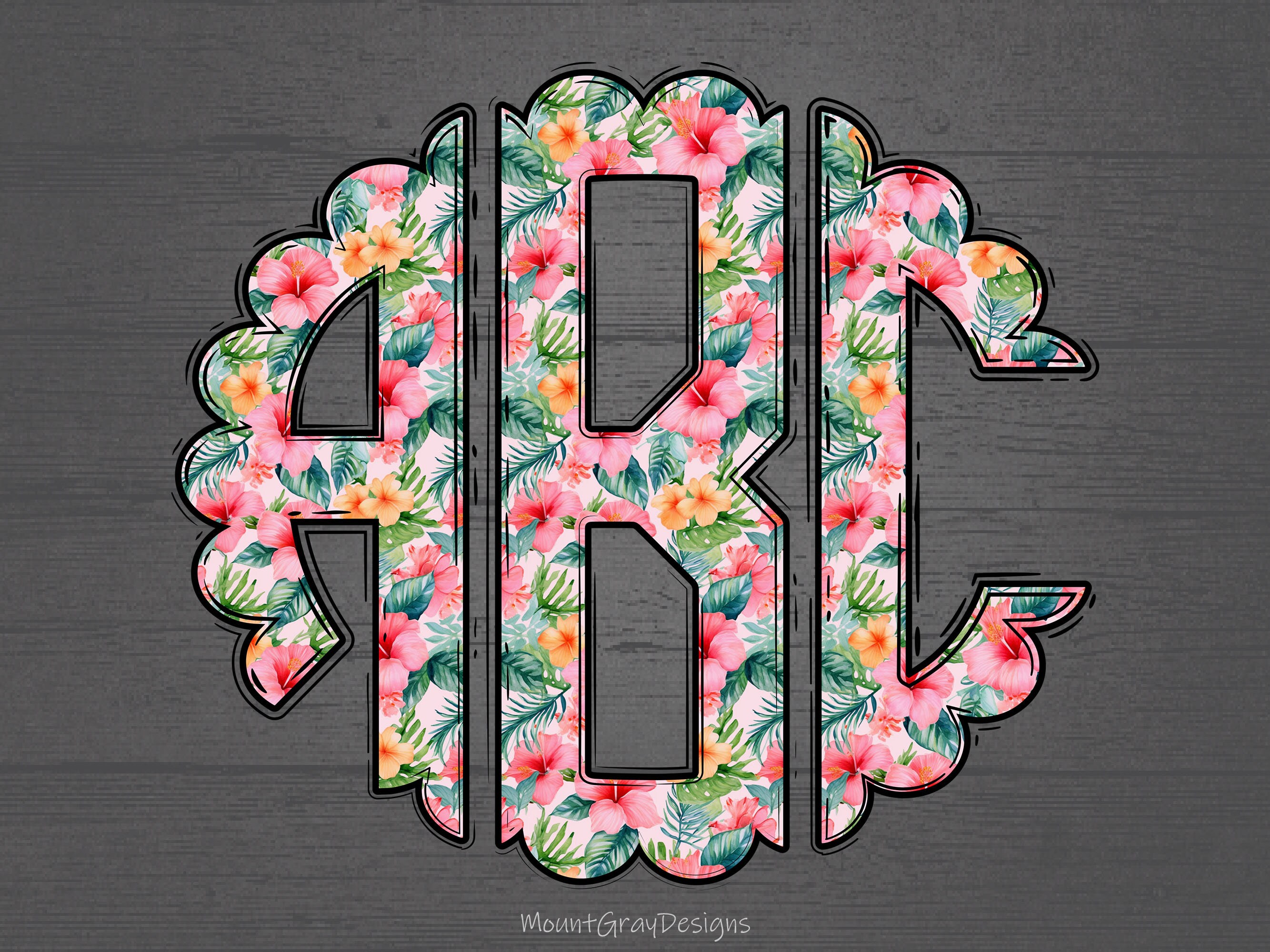 Tropical Flower Scalloped Monogram PNG, Spring Summer Floral Round ...