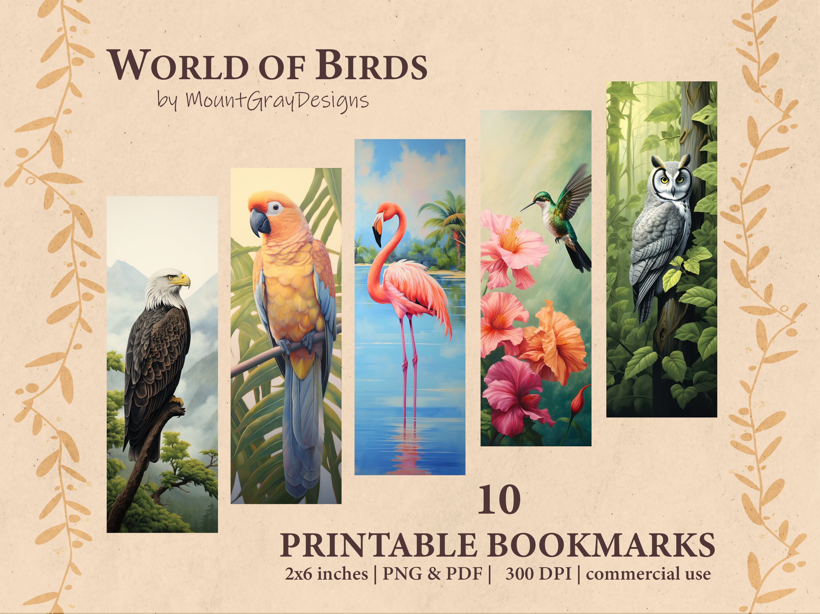 10 Birds Printable Bookmarks PNG & PDF Watercolor Bookmark Design ...