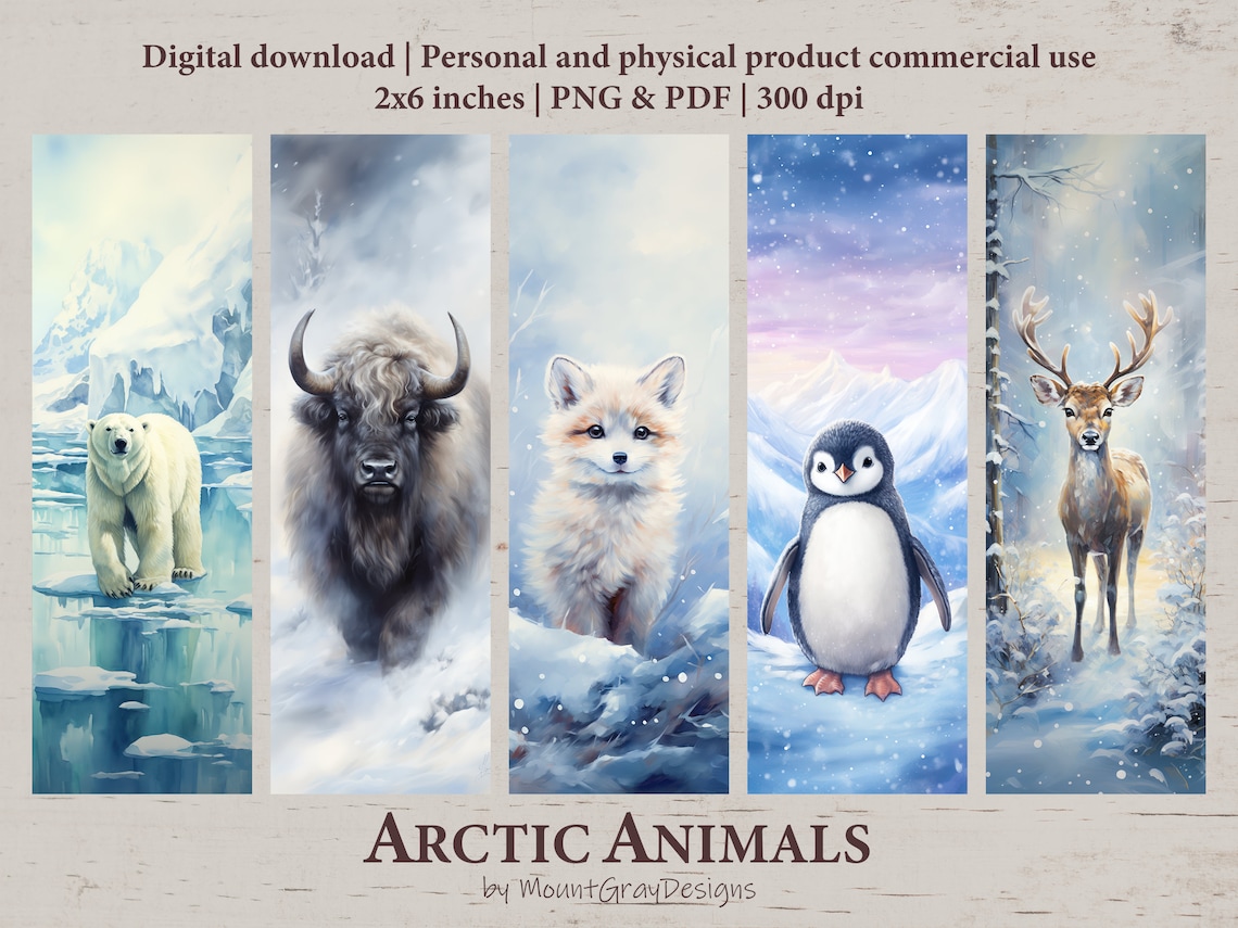 10 Watercolor Arctic Animals Printable Bookmarks PNG & PDF Bookmark ...