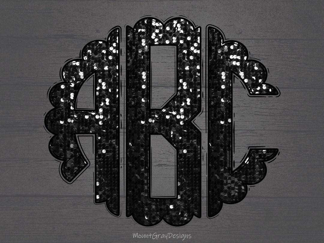 Scalloped Monogram PNG, Black Faux Sequin Glitter Round Monogram ...
