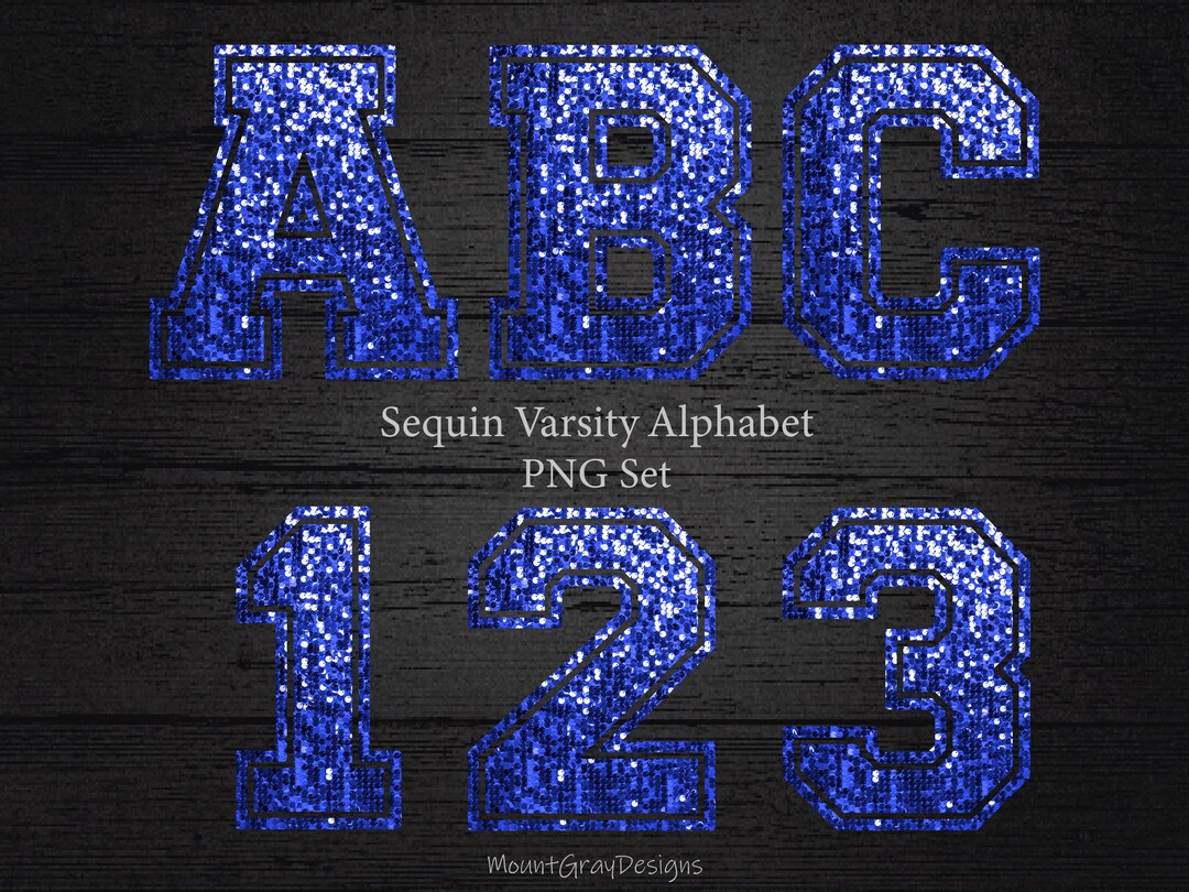 Sequin Letters PNG Alphabet Bundle, Blue Varsity Letters and Numbers ...