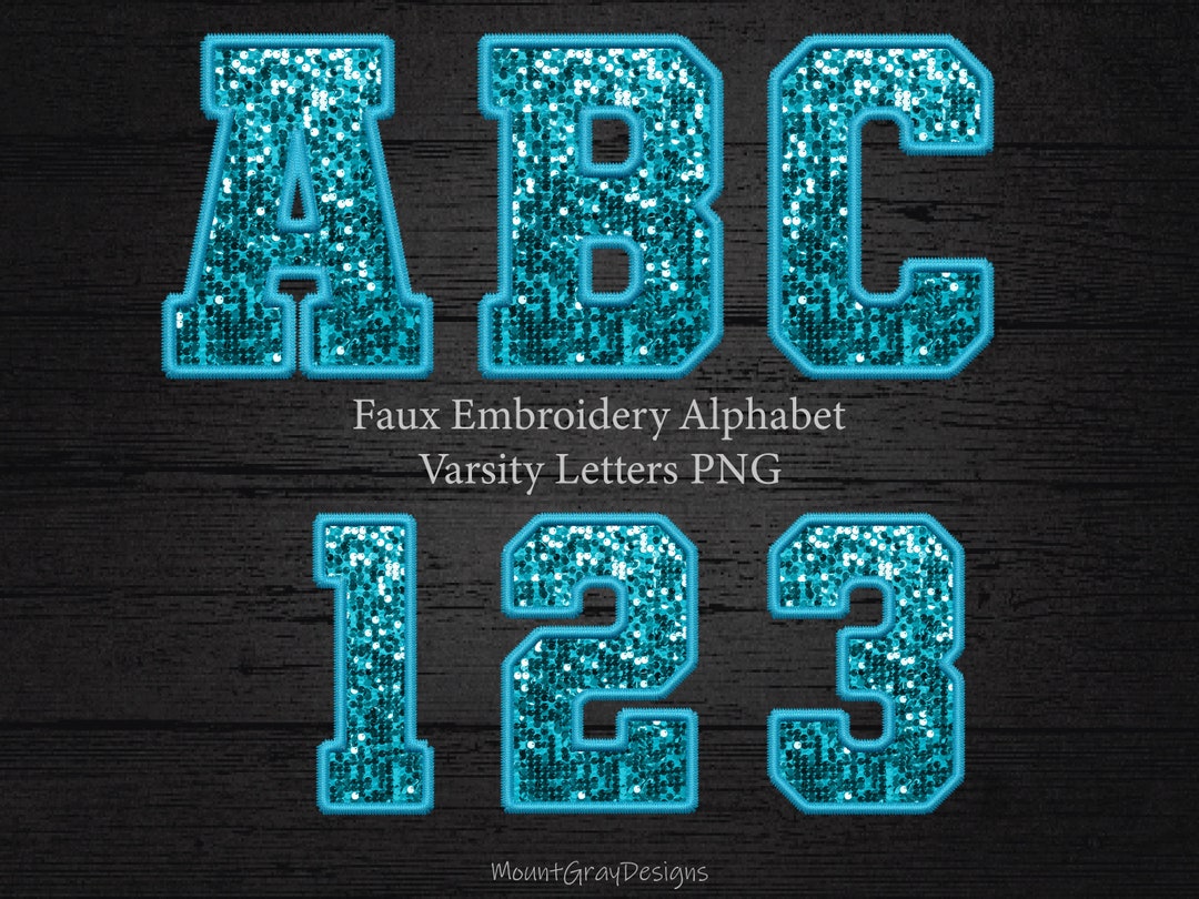 Faux Embroidery Letters PNG Set, Turquoise Sequin, Varsity Letters ...