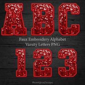 Faux Embroidery Letters PNG Set, Red Sequin, Varsity Letters, Digital ...