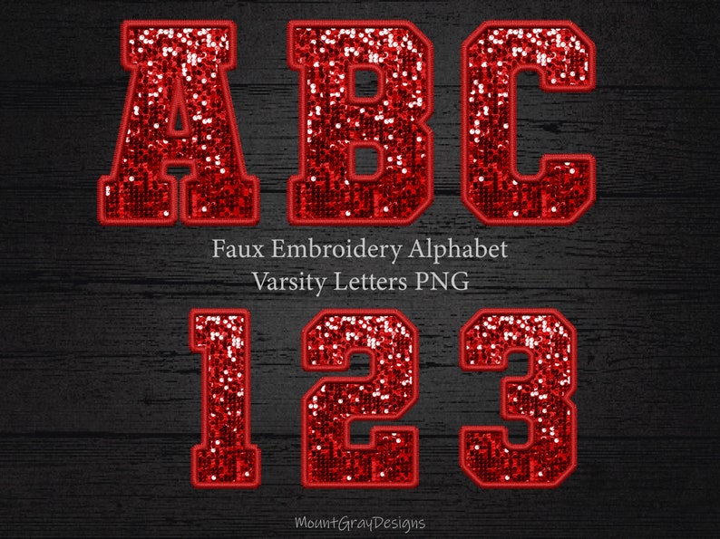 Faux Embroidery Letters PNG Set, Red Sequin, Varsity Letters, Digital ...